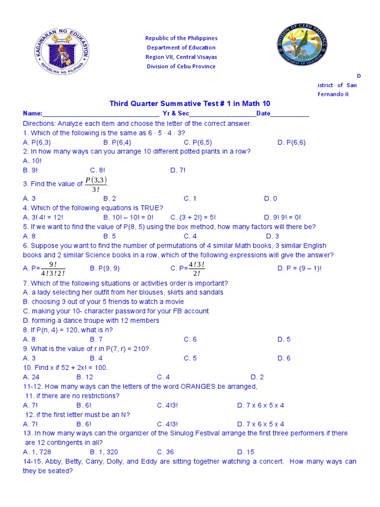 Third Q Math 10 | PDF | Mathematics | Applied Mathematics