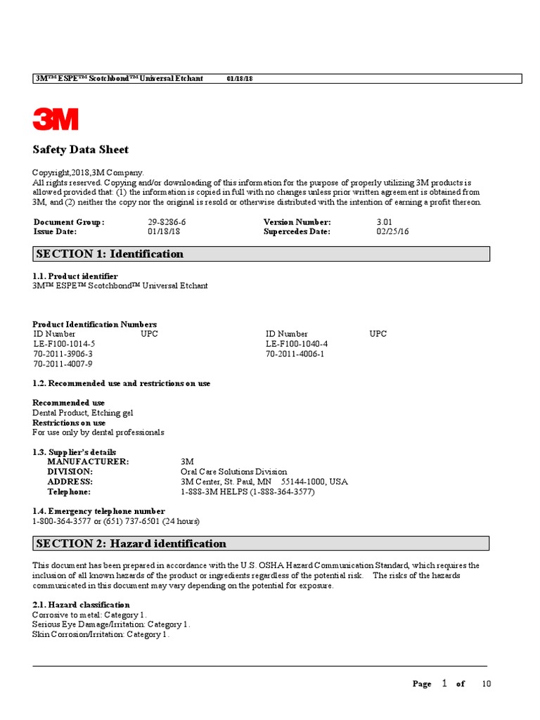 MSDS 3M Espe Scotchbond Etchant | PDF