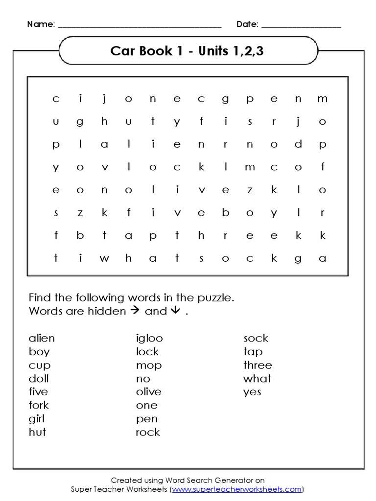 Word Search Car Book 1 - Units 123 | PDF | Word Search | Puzzles