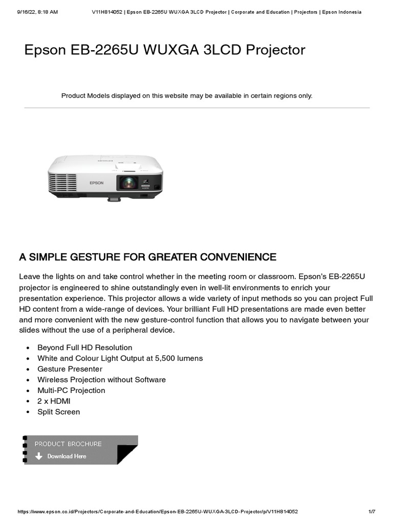 V11H814052 - Epson EB-2265U WUXGA 3LCD Projector - Corporate and Education - Projectors - Epson ...