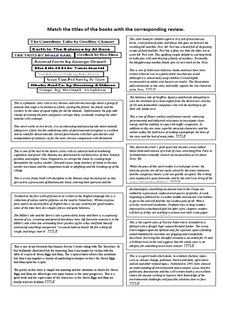 Book Review Matching Reading Comprehension Exercises 18142 | PDF ...