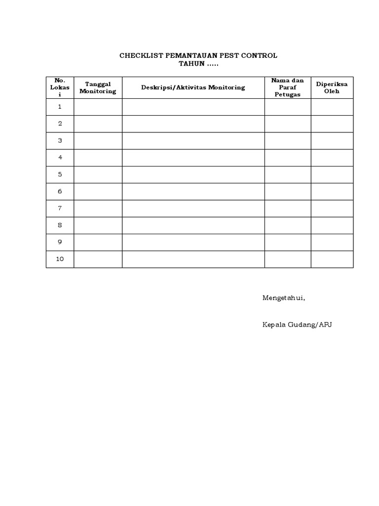 Formulir Pemantauan Pengendalian Hama Pdf