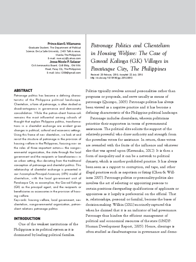 Patronage Politics and Clientelism in Housing Welfare: The Case of ...