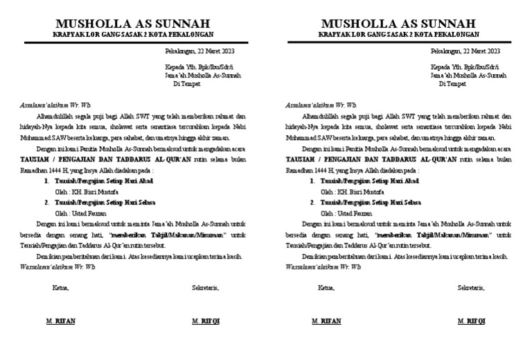 Musholla As Sunnah Undangan Jaburan Ramadhan 2023 | PDF