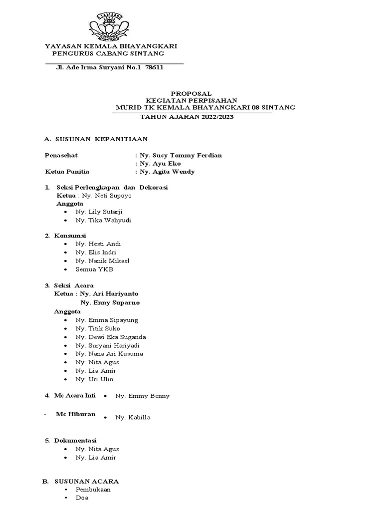 Proposal Susunan Panitia & Rencana Anggaran Perpisahan Anak TK THN 2023 ...