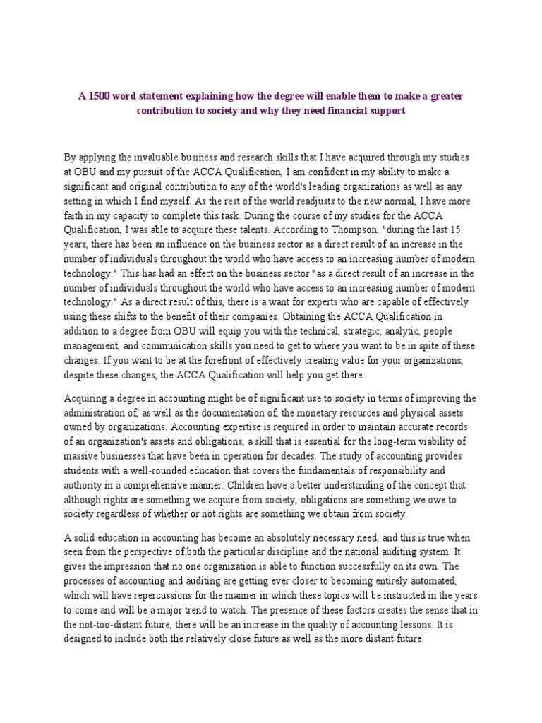 A 1500 Word Statement Explaining How The Degree Will Enable Them To ...