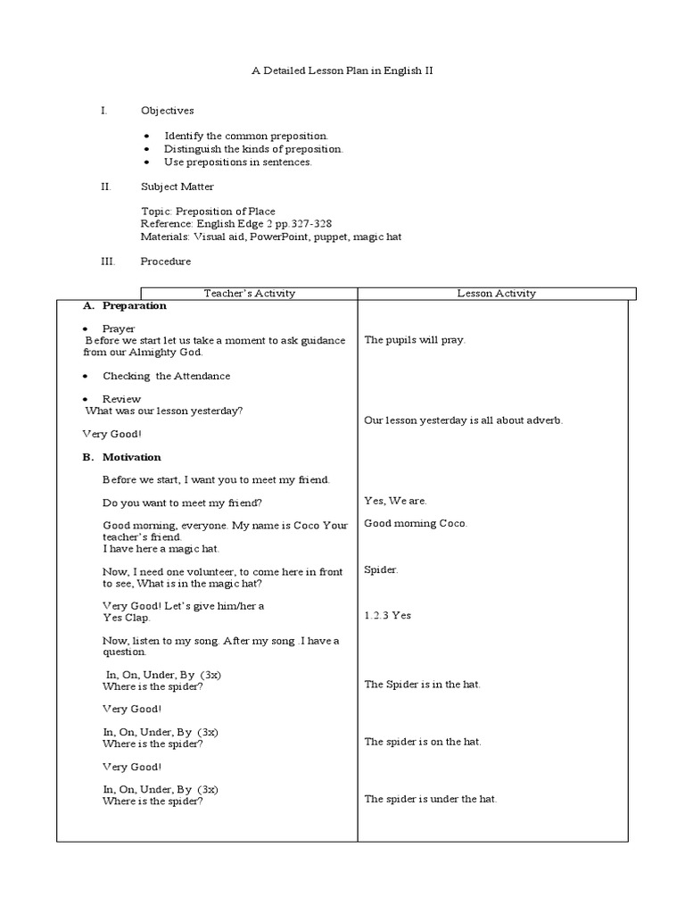 A Detailed Lesson Plan in English II Preposition | PDF | Preposition ...
