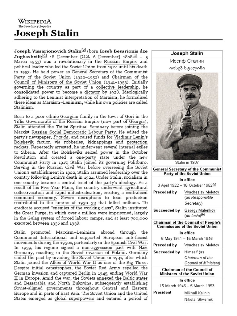 Joseph Stalin - Wikipedia | PDF | Joseph Stalin | Vladimir Lenin