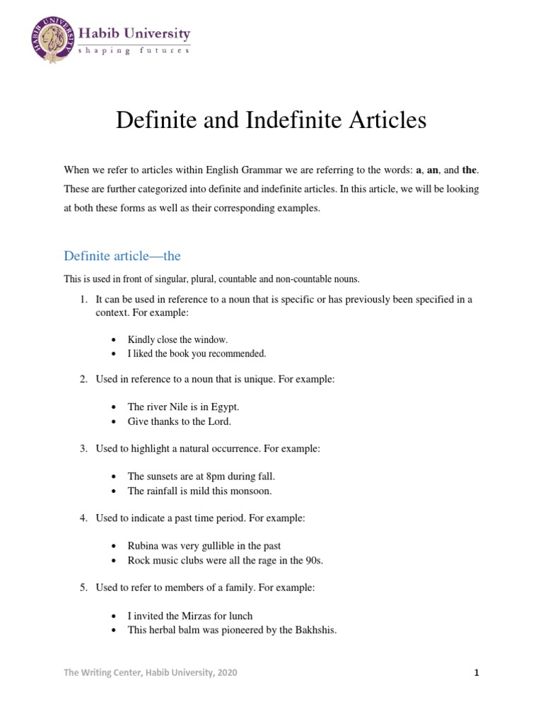 Definite and Indefinite Articles | PDF