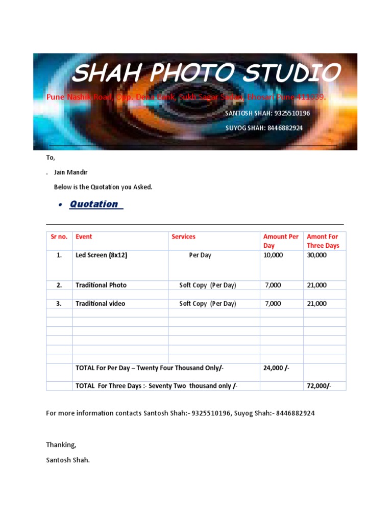 Quotation Shah Photo Studio | PDF