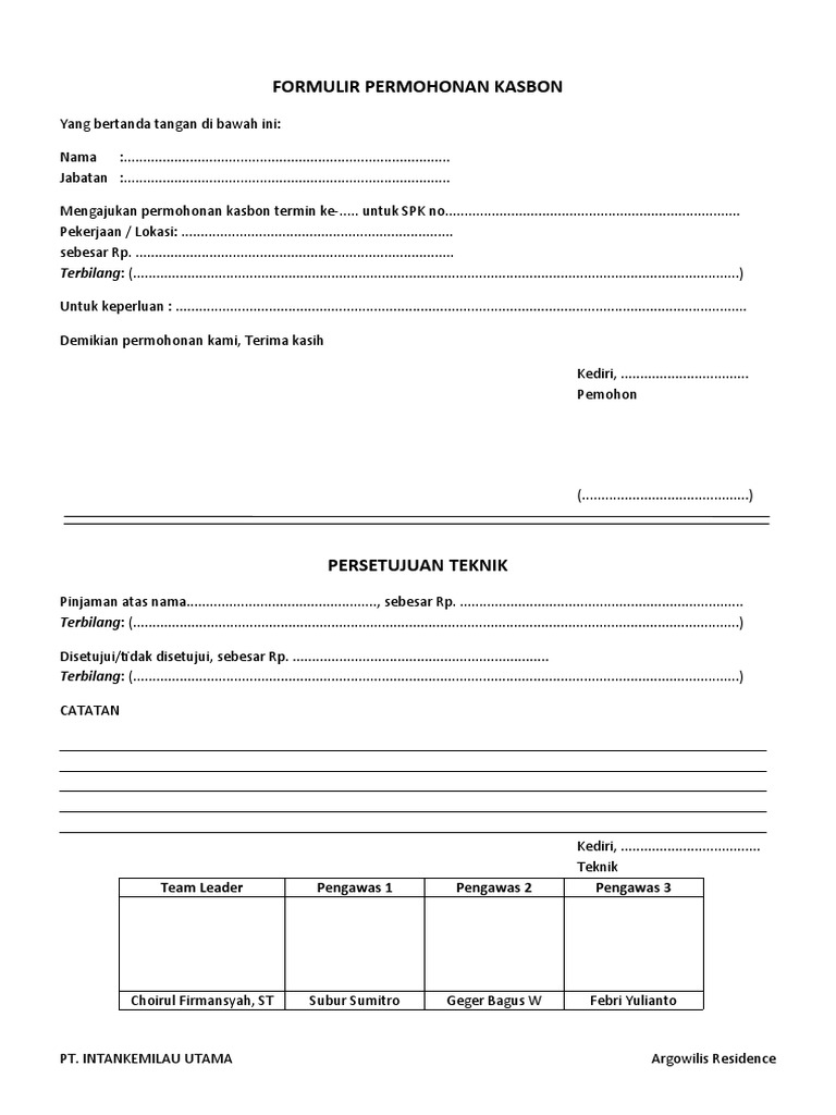 Formulir Permohonan Kasbon SPK | PDF