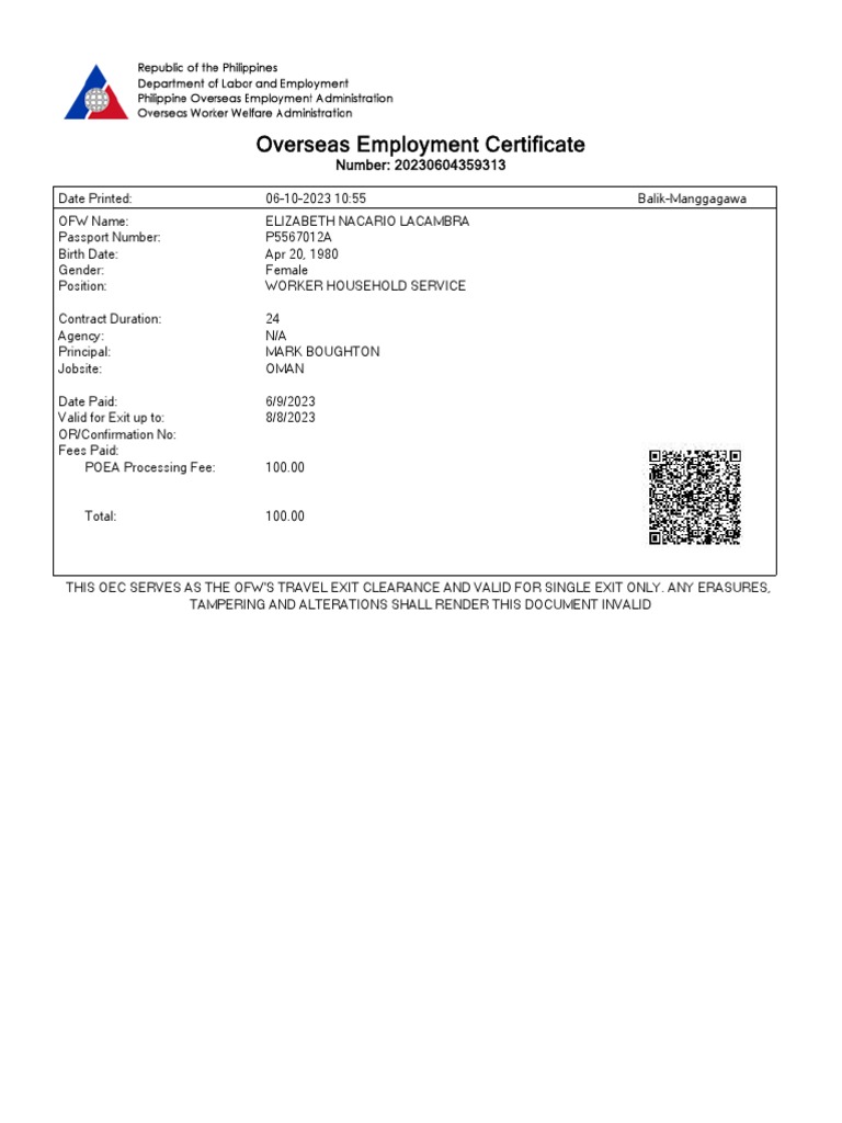Overseas Employment Certificate: Number: 20230604359313 | PDF