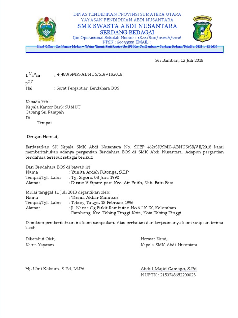 PDF Surat Permohonan Pergantian Bendahara Bos | PDF