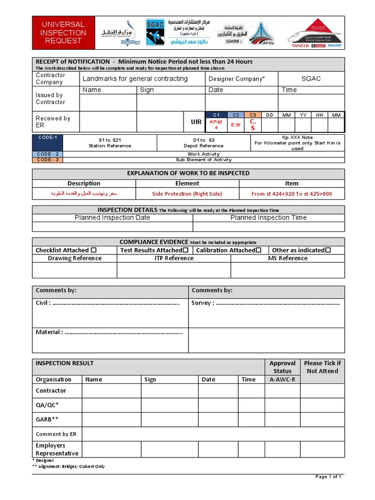 Universal Inspection Request: Contractor Company Designer Company ...