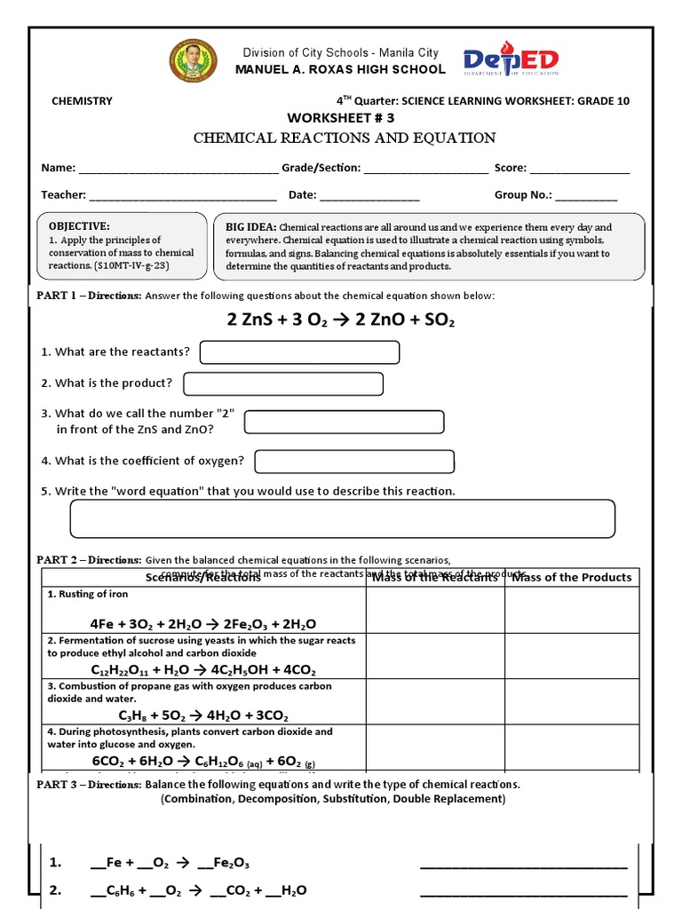 Q4 - Worksheet3 - Chemical Reactions and Equation | PDF | Chemical ...
