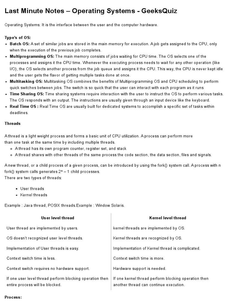 Last Minute Notes - Operating Systems - GeeksQuiz | PDF | Scheduling ...