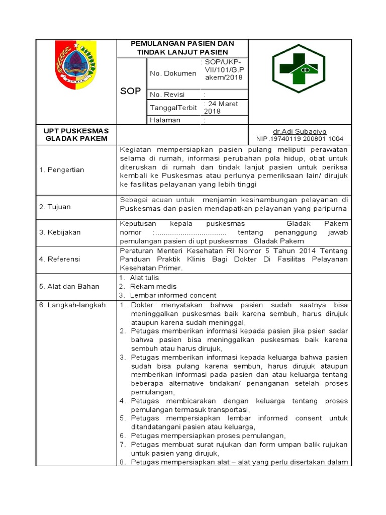 SOP Pemulangan dan Tindak Lanjut Pasien | PDF