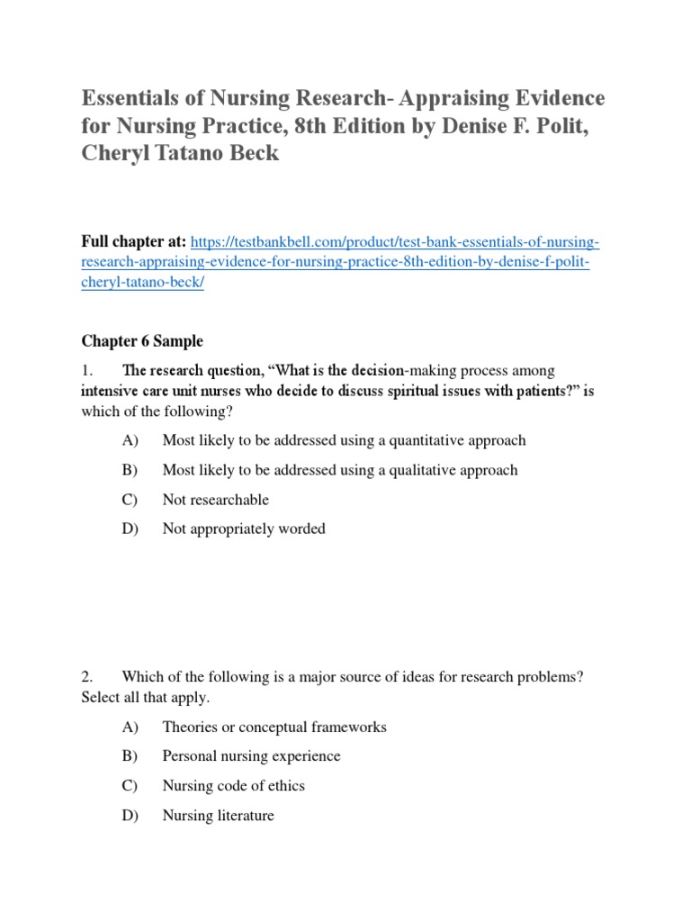 Test Bank Essentials of Nursing Research Appraising Evidence For ... Test Bank Essentials of Nursing Research Appraising Evidence For ...