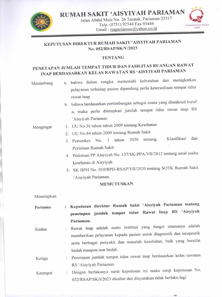 SK Penetapan Jumlah TT Dan Dan Fasilitas Ruang Rawat Inap | PDF