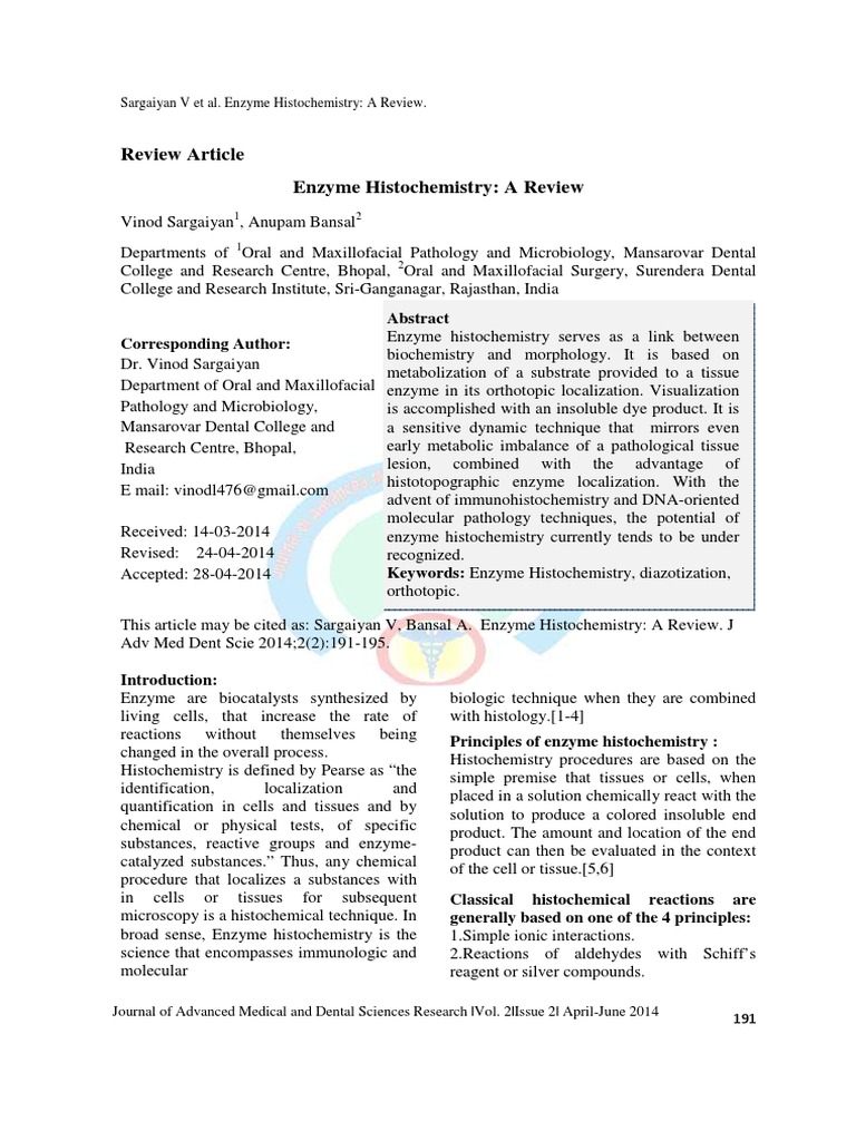 Enzyme Histochemistry AReview | PDF | Immunohistochemistry | Biopsy