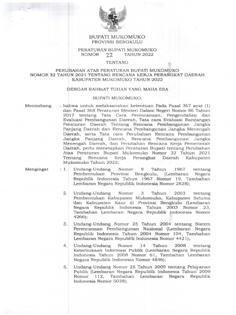Perbub No 22 Tahun 2022 Tentang RKPD Tahun 2022 | PDF