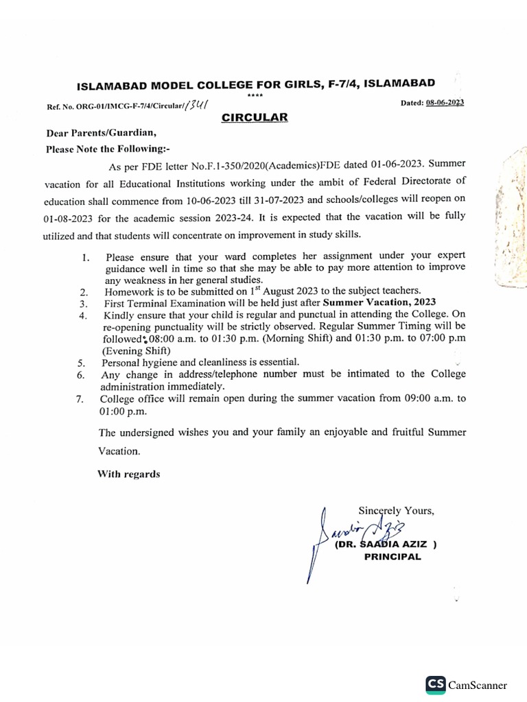 Circular Summer Vacation 2023 | PDF