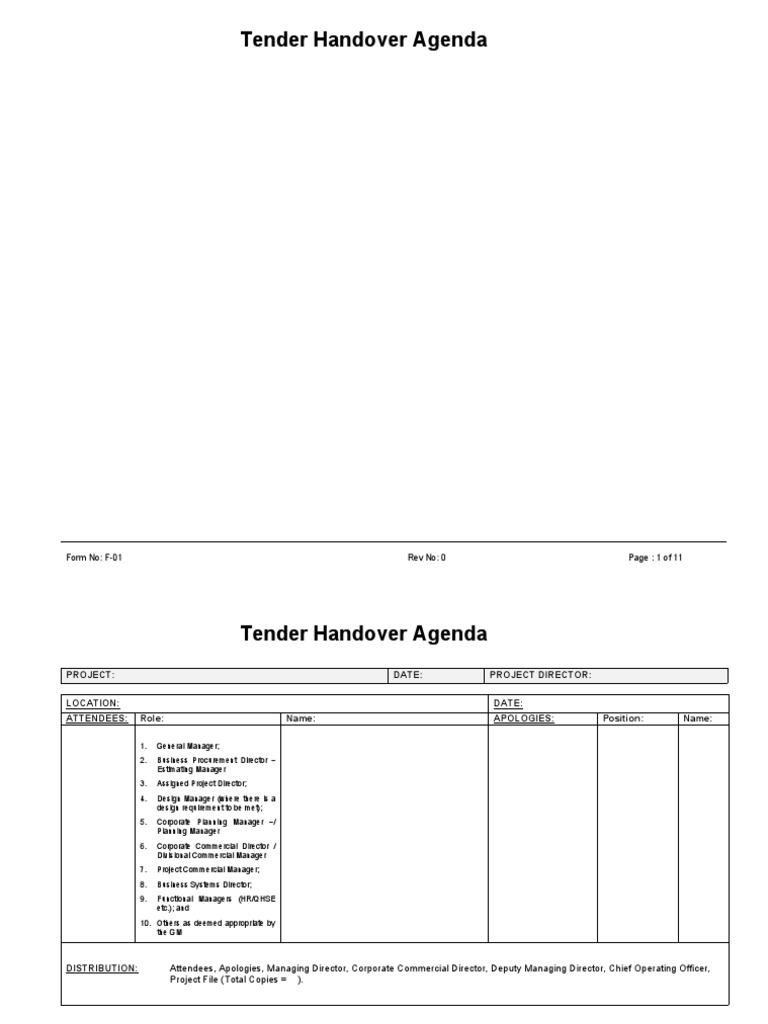 F-01 Tender Handover Agenda | PDF | Consultant | Business