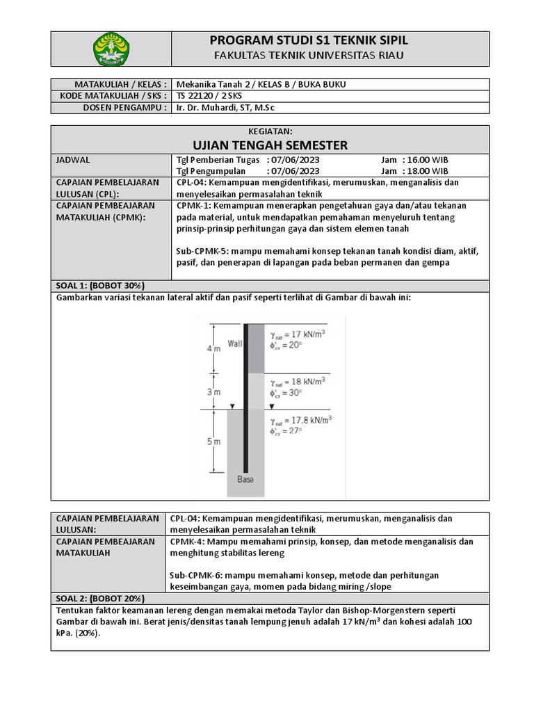 Soal UAS Mekanika Tanah 2-Genap 2022-2023 (OBE) | PDF