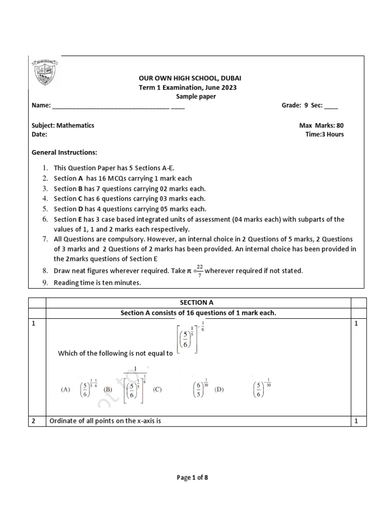 Grade 9 Mathematics Exam Sample Paper | PDF