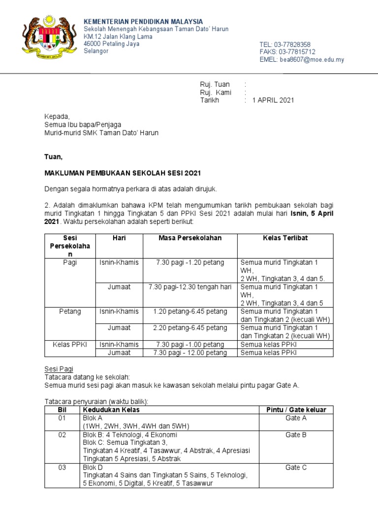 Makluman Pembukaan Sekolah Sesi 2o21 | PDF