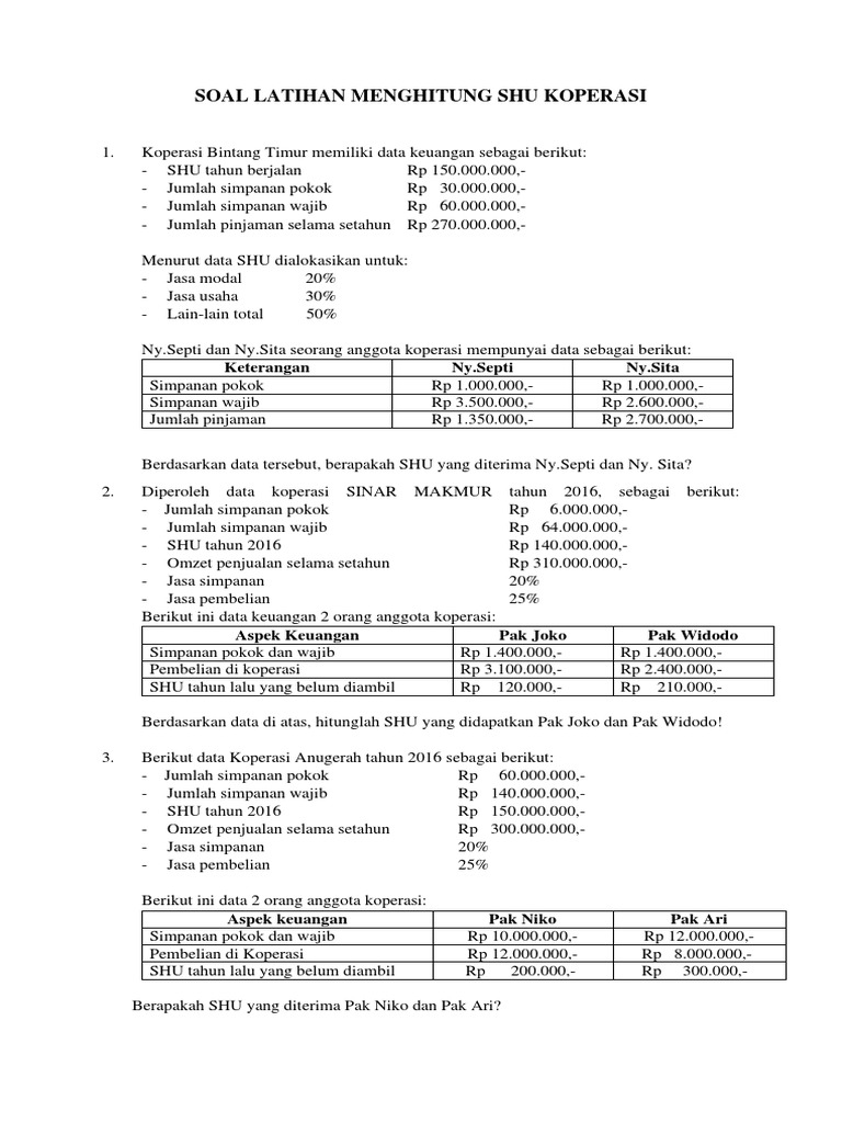 Soal Latihan Menghitung Shu Koperasi | PDF