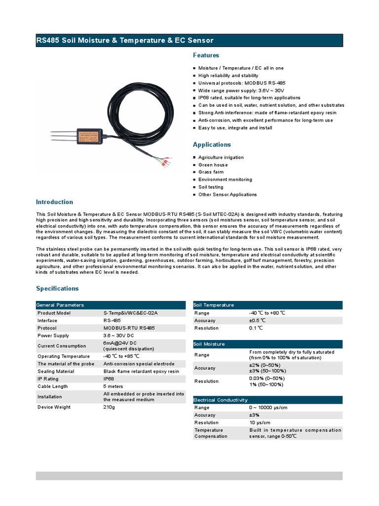 RS485SoilMoisture Temperature ECSensor (S-Temp&VWC&EC-02A) | PDF