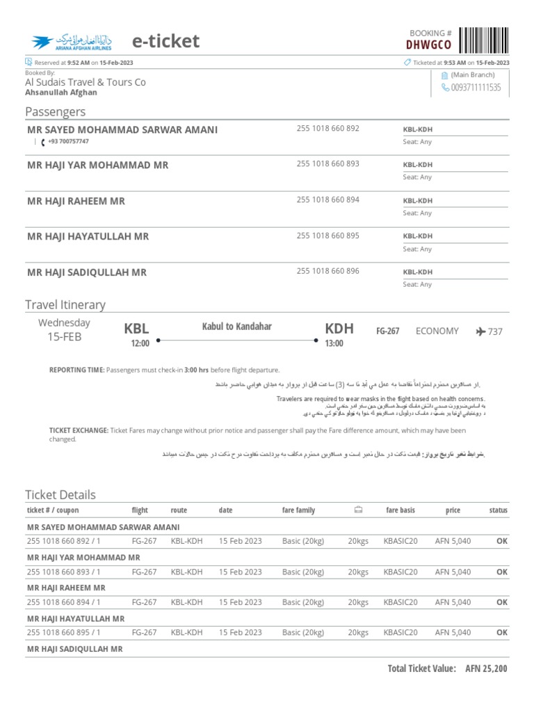 FG - Sayed Mohammad Sarwar Amani +4pax - KBL - KDH | PDF | Fee | Transport