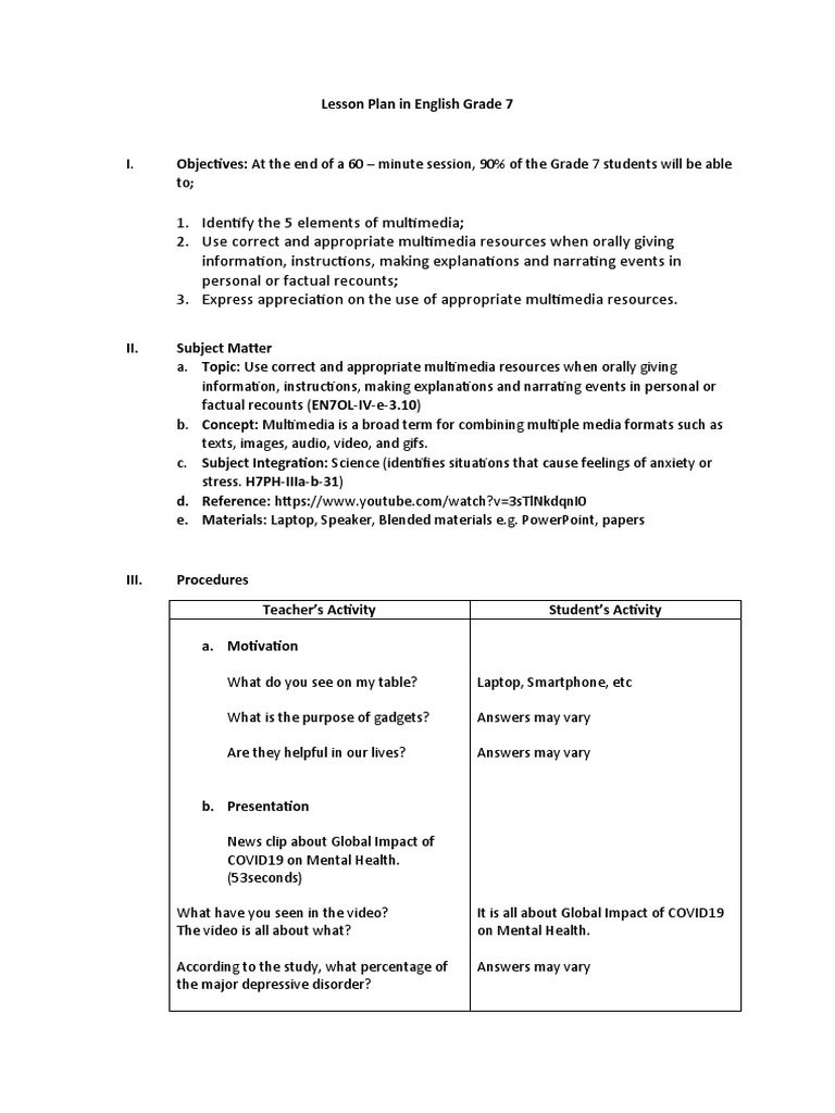 Multimedia Resources for Grade 7 English | PDF