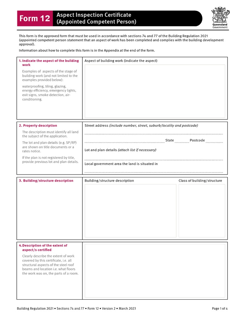 Form 12 Aspect Inspection Certificate QLD | PDF | Building Code ...
