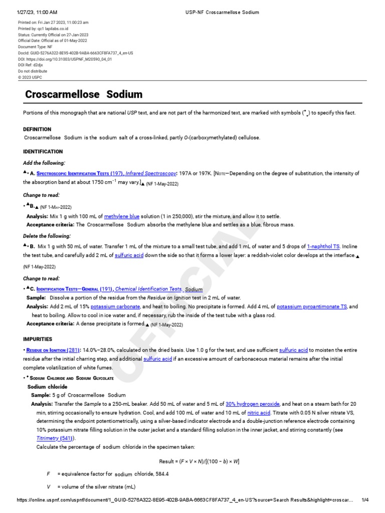 Ac-Di-Sol - USP 43 (Crosscarmellose Sodium) | PDF