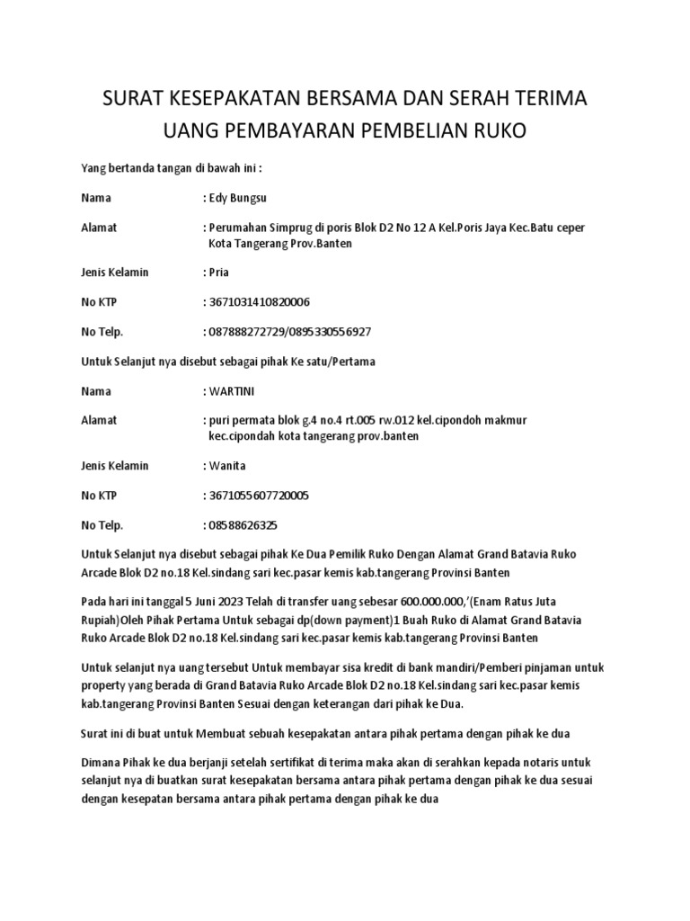Surat Kesepakatan Bersama Dan Serah Terima Uang Pembayaran Pembelian ...