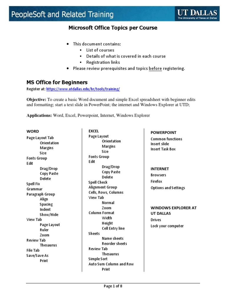 Microsoft Office Topics Per Course MS Office For Beginners | PDF ...
