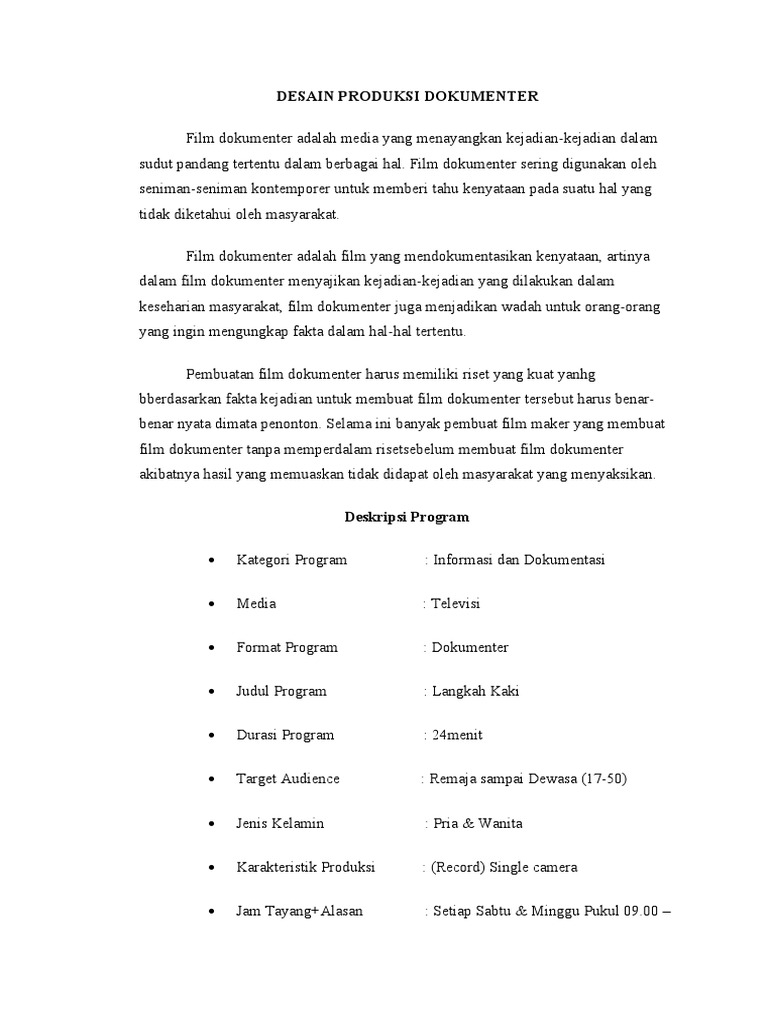 Contoh Desain Produksi Dokumenter Contoh | PDF
