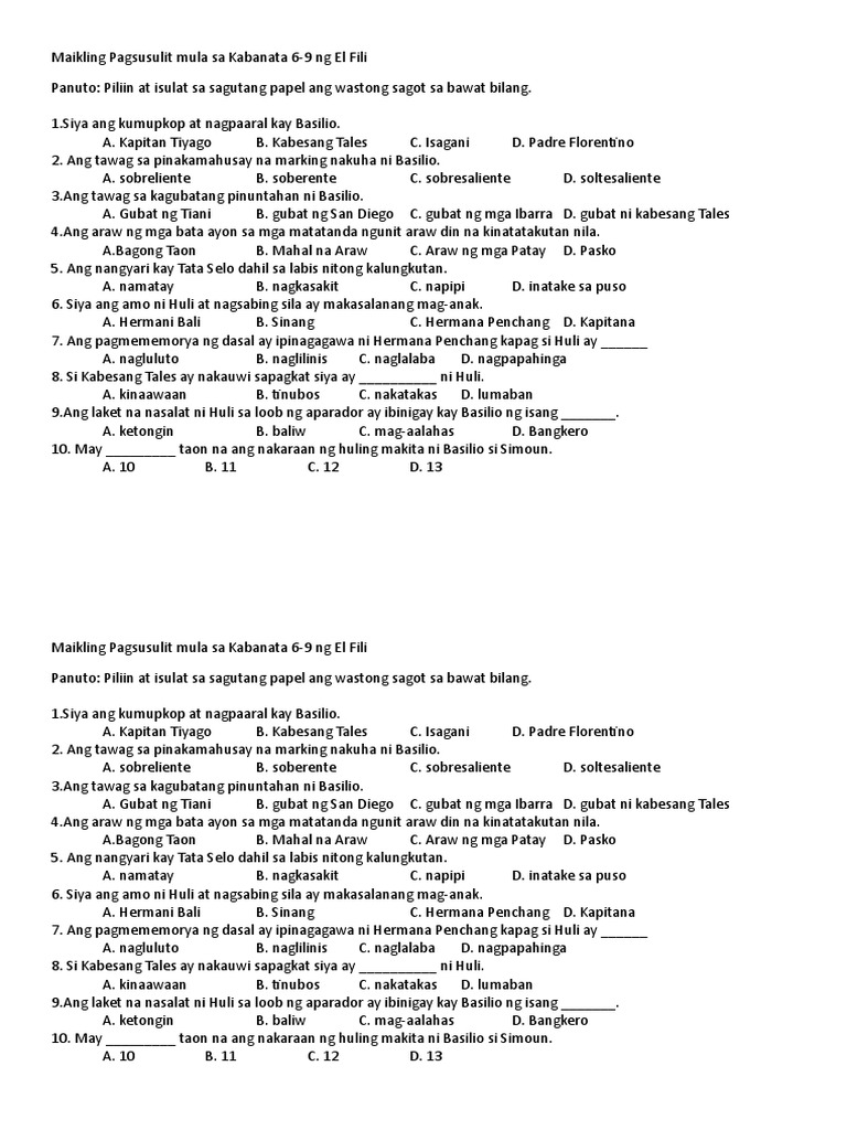 Maikling Pagsusulit mula sa Kabanata 6-9 | PDF