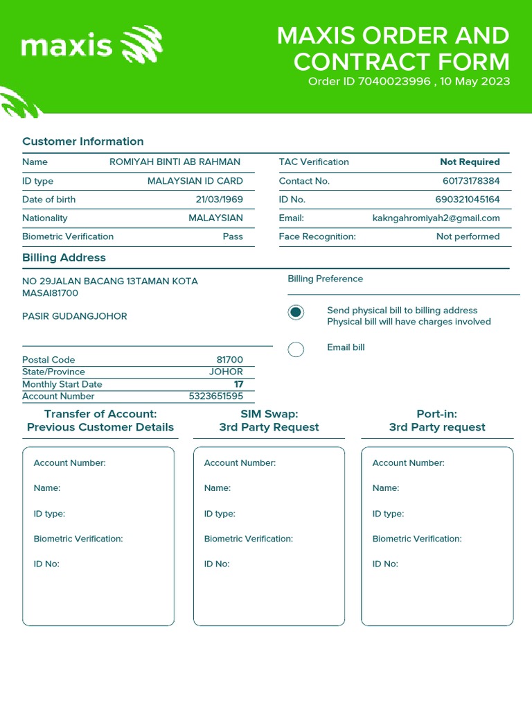 Maxis Order and Contract Form: Customer Information | PDF | Roaming | Internet