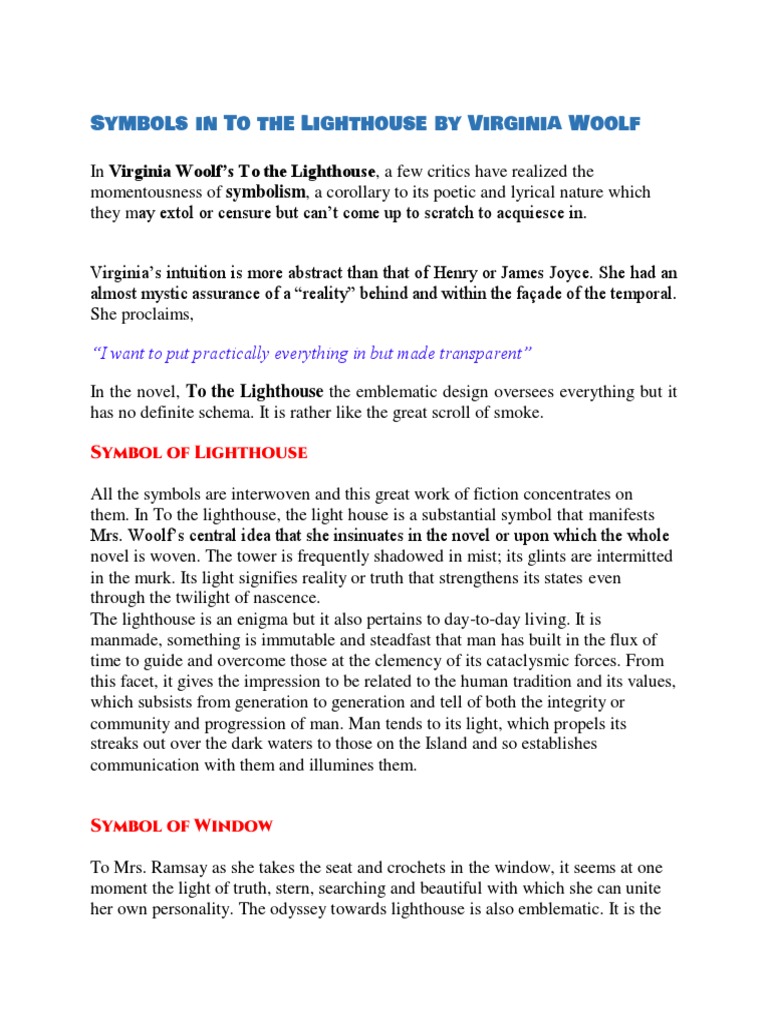 Symbols in To The Lighthouse by Virginia Woolf Symbolism | PDF