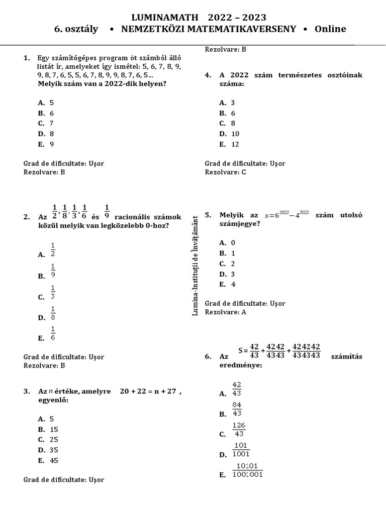 Luminamath Xxvi 2022 Hu Online - Clasa 6 | PDF