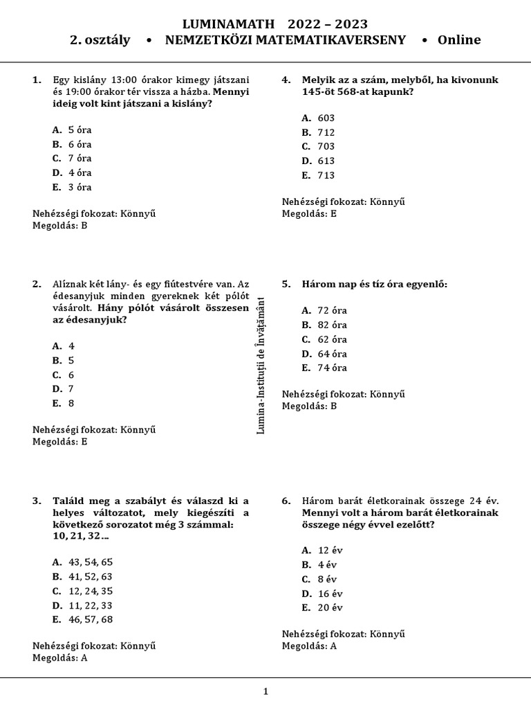 Luminamath Xxvi 2022 Hu Online - Clasa 2 | PDF