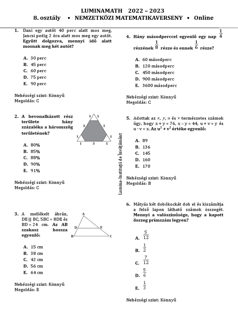 Luminamath Xxvi 2022 Hu Online - Clasa 8 | PDF