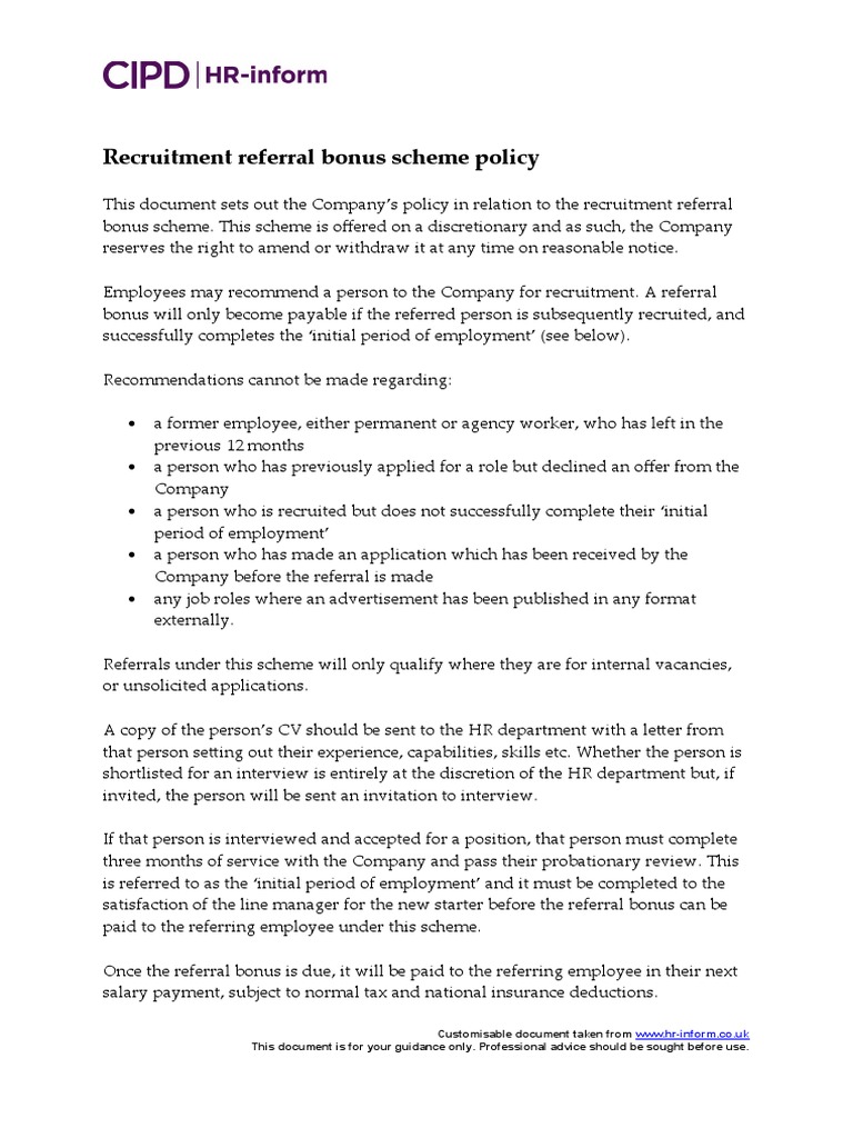Recruitment Referral Bonus Scheme Policy | PDF | Recruitment | Employment
