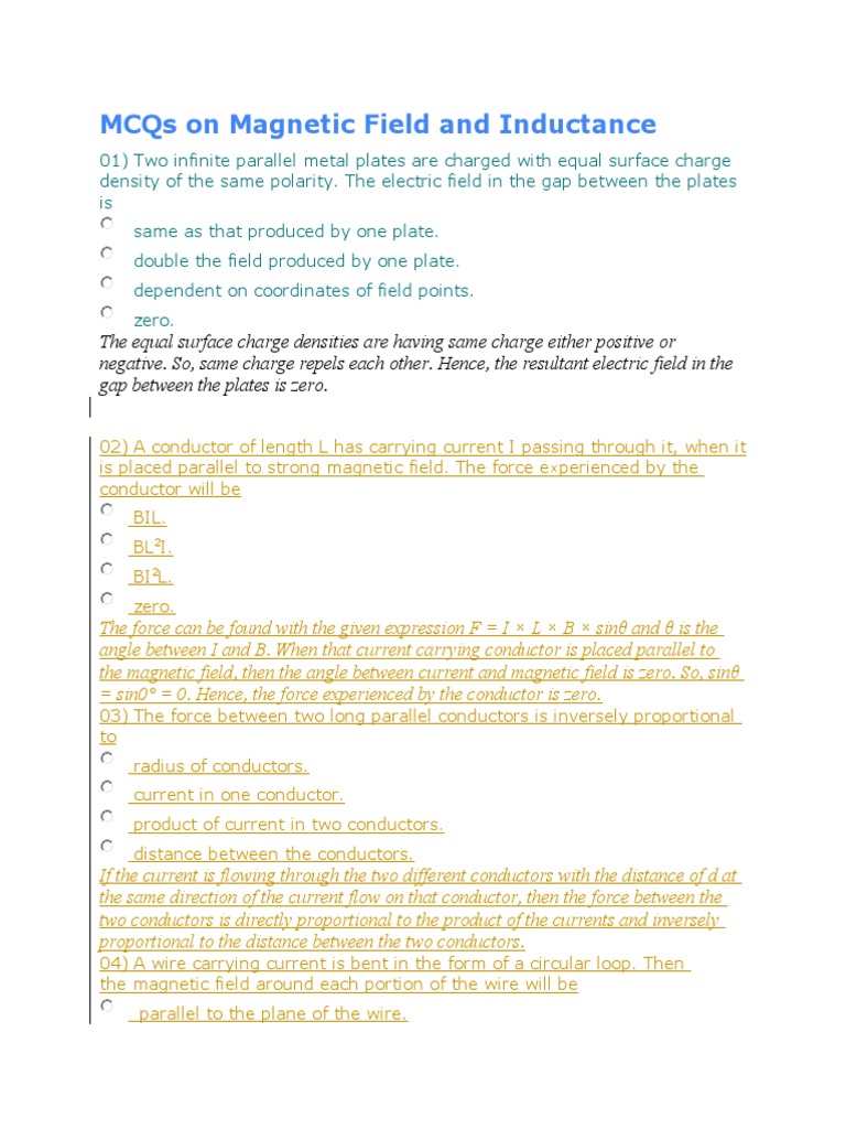 MCQs On Magnetic Field and Inductance | PDF