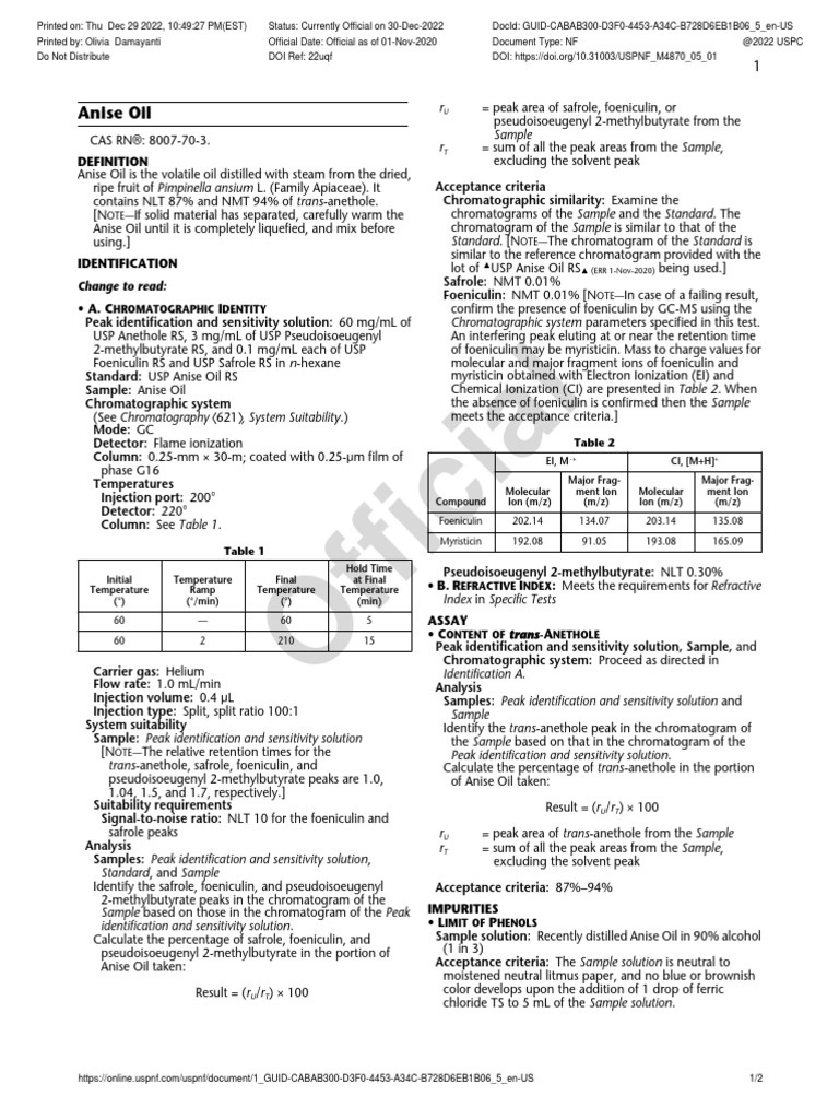 Anise Oil-USP | PDF | Chemical Substances | Physical Sciences
