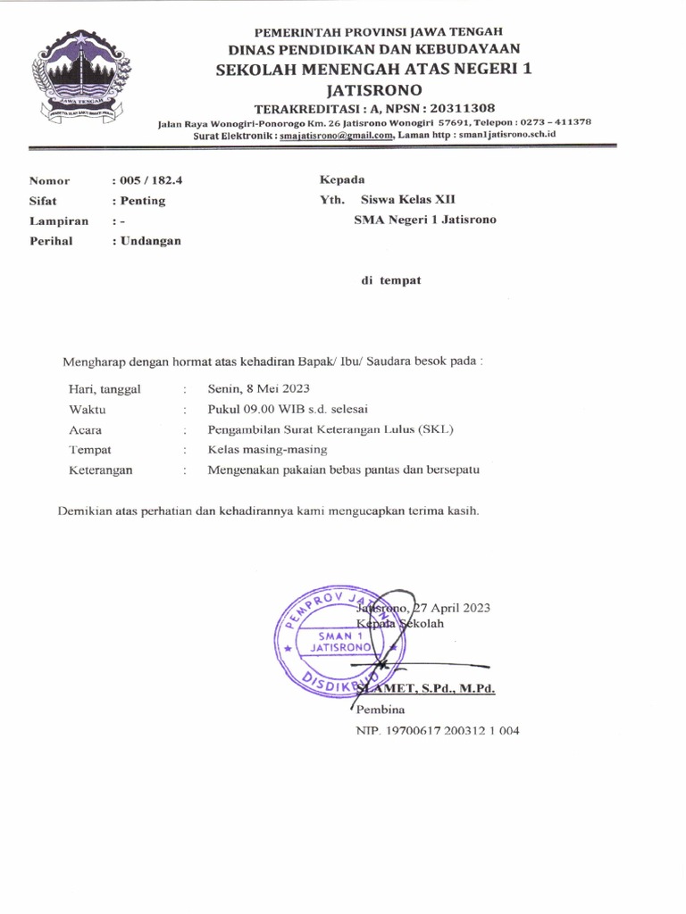 UNDANGAN SISWA KELAS XII PENGAMBILAN SKL | PDF