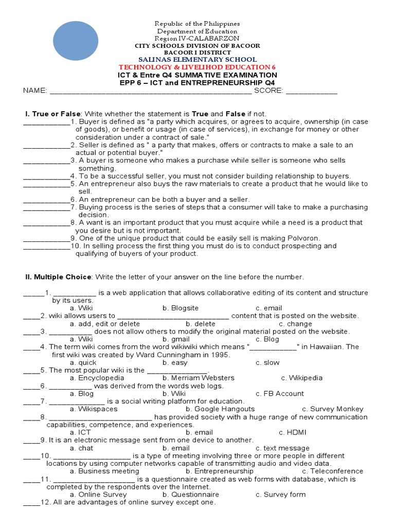 Epp Ict Grade 6 Q4 Summative Examination | PDF | Sales | Wiki